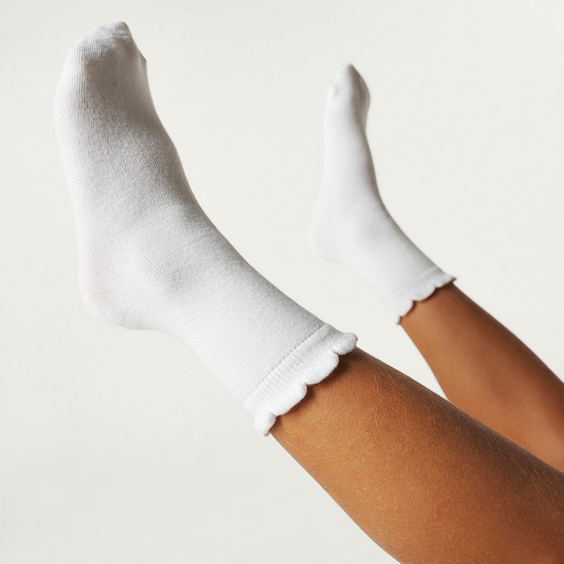 Solid White Girls White Scallop Crew Socks | Posh Peanut®