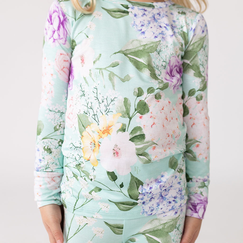 Floral Green Long Sleeve Girl Pajamas | Erin – poshpeanut.com